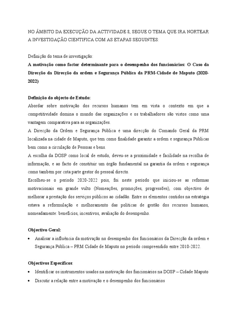Actividade 8. Pergunta de Partida, Objecto, Objectivos | PDF