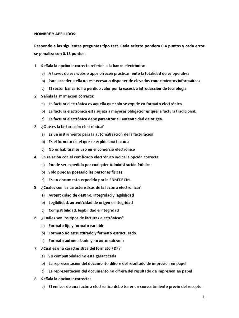Examen Tipo Test. TIPO 1 | PDF | Factura | Informática