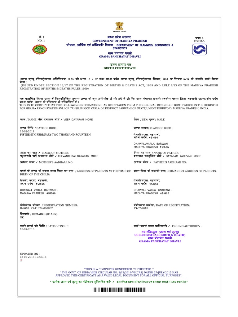 Birth Certificate: Government of Madhya Pradesh | PDF