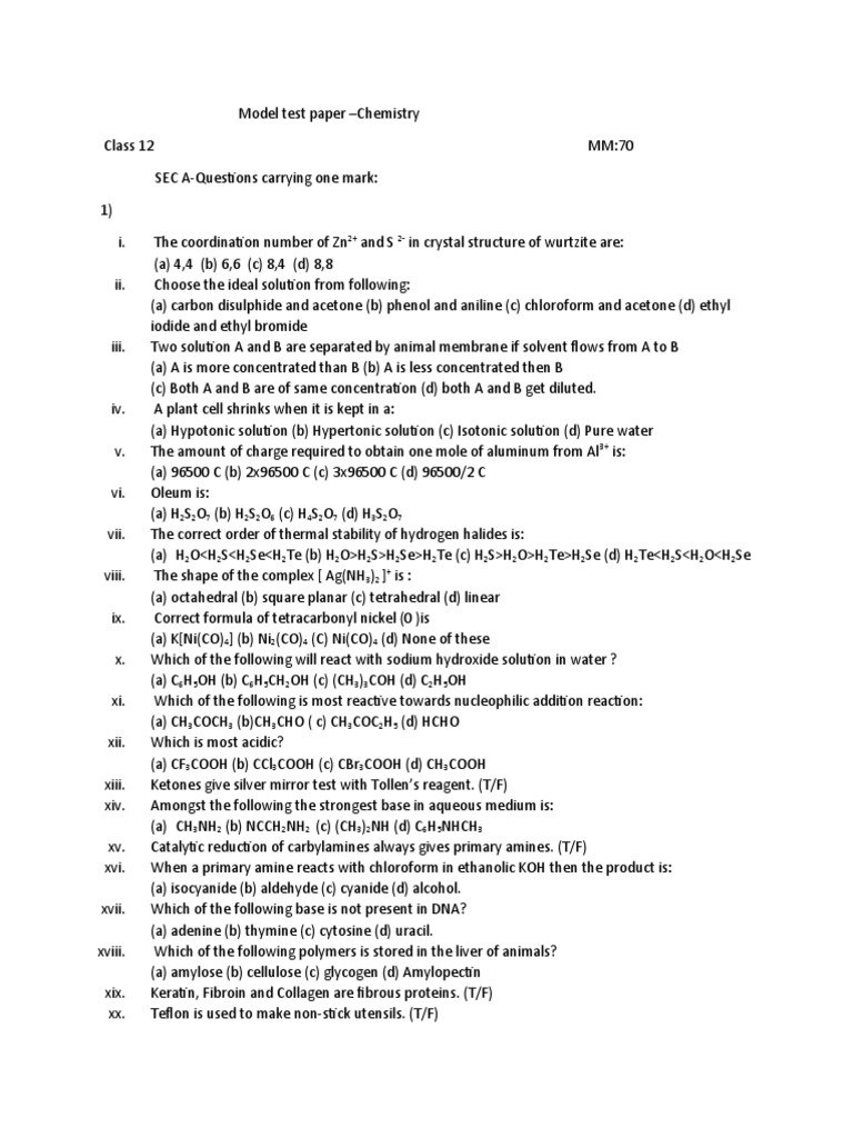 Chem Sample Paper 12th Class | PDF | Colloid | Water