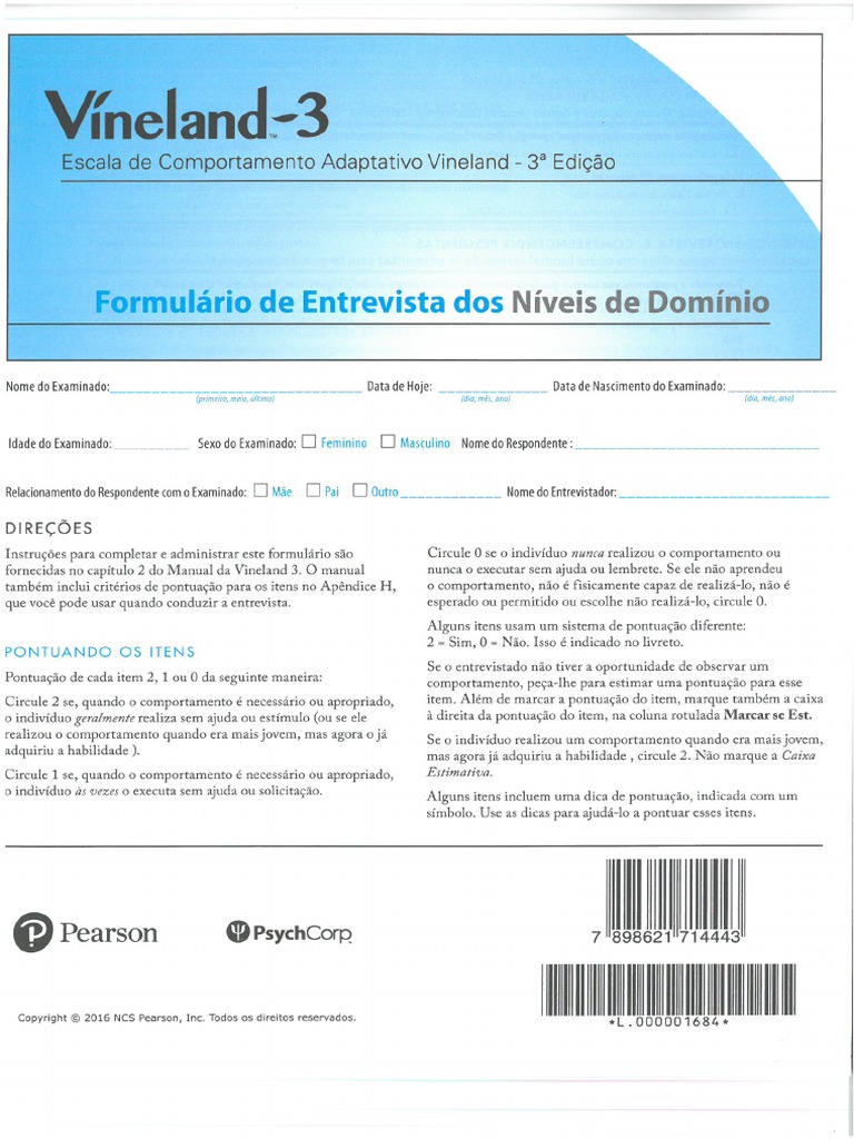 Vineland 3 - Escala de Comportamento Adaptativo - Formulário de Entrevista Dos Níveis de Domínio ...