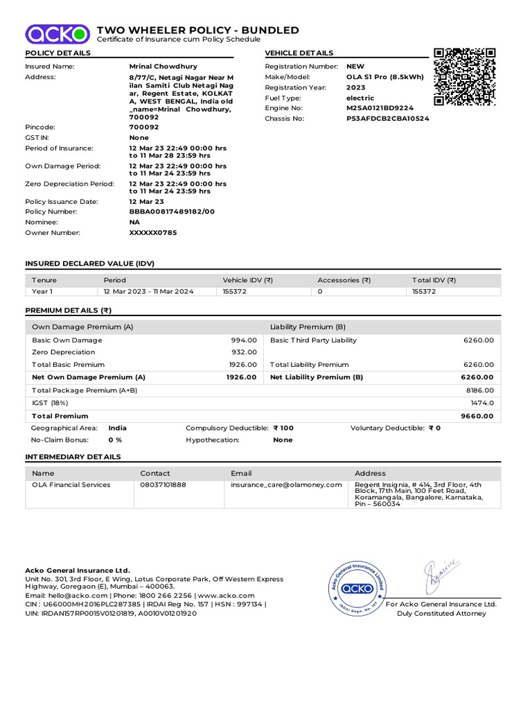 Acko Insurance Policy for Ola S1 Pro | PDF | Insurance | Civil Law ...