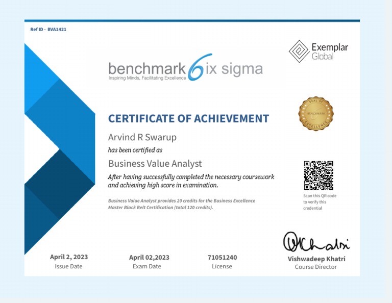 Certificate of Achievement: Arvind R Swarup Business Value Analyst | PDF