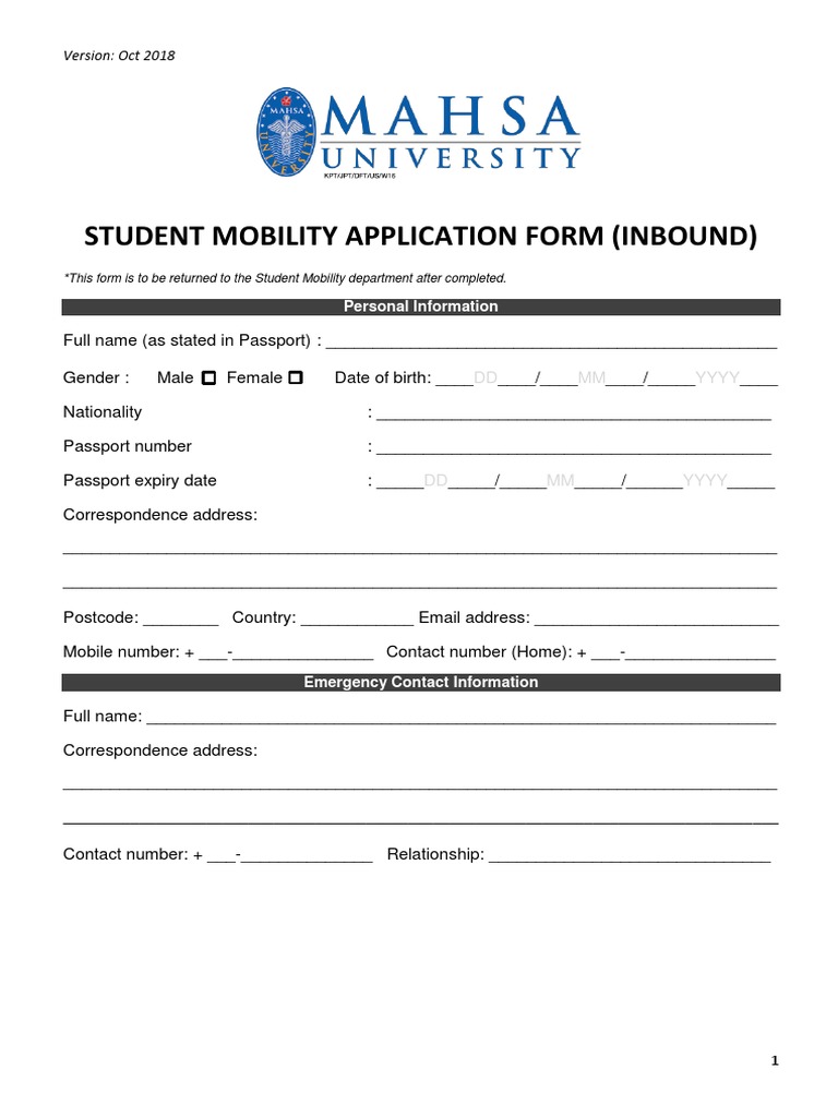 MAHSA University Global Mobility Form | PDF | Travel Visa | Banks