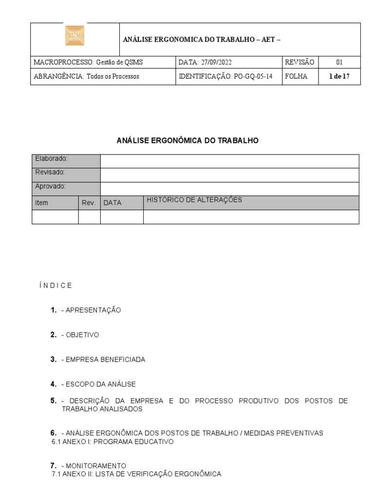 AET - Análise Ergonômica Do Trabalho Matriz | PDF