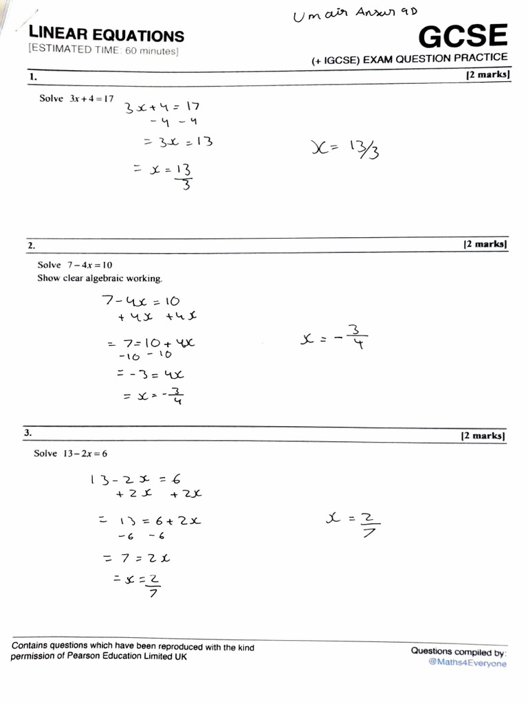 Linear Equations GCSE Exam Question Practice PDF Mathematical