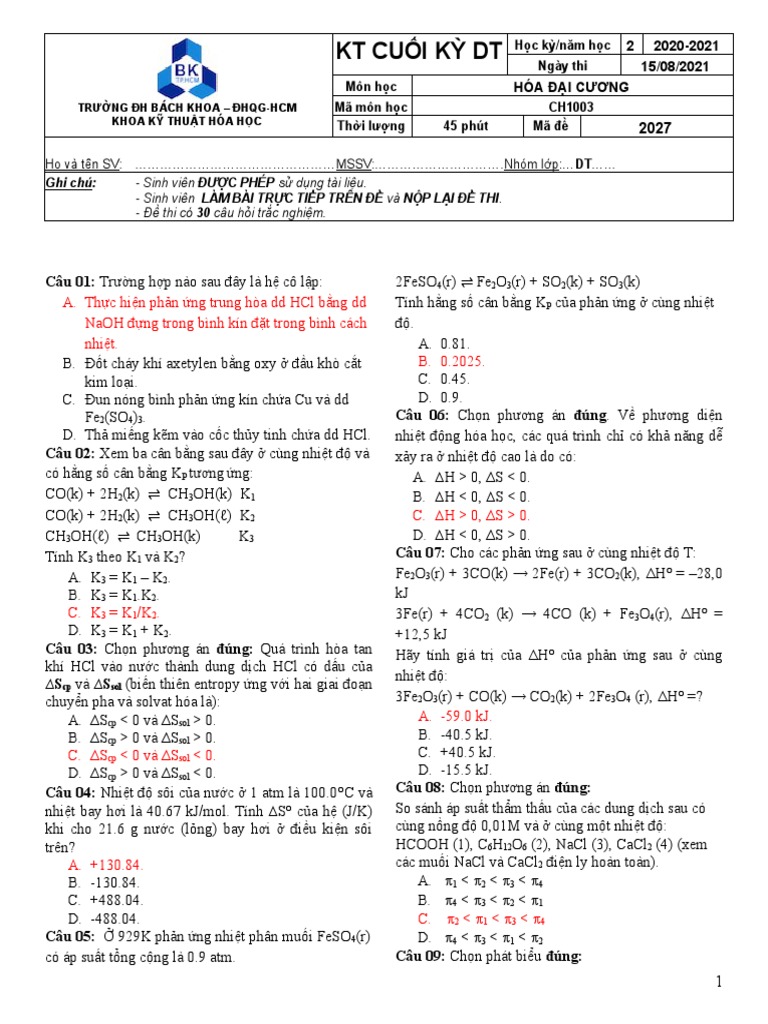 ĐỀ THI HDC CK DT 202 MÃ ĐỀ 2027 | PDF