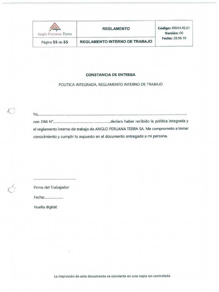 Constancia de Entrega de Reglamento Interno de Trabajo - APT | PDF