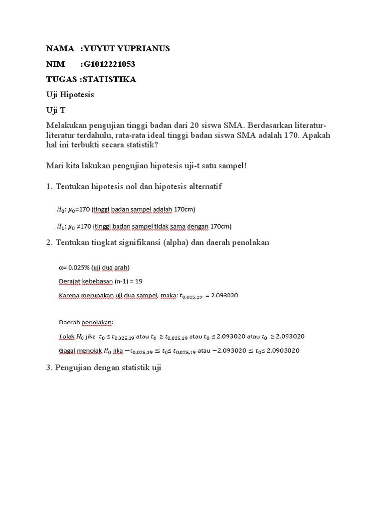 Uji Hipotesis Uji T: Nama:Yuyut Yuprianus NIM:G1012221053 Tugas ...
