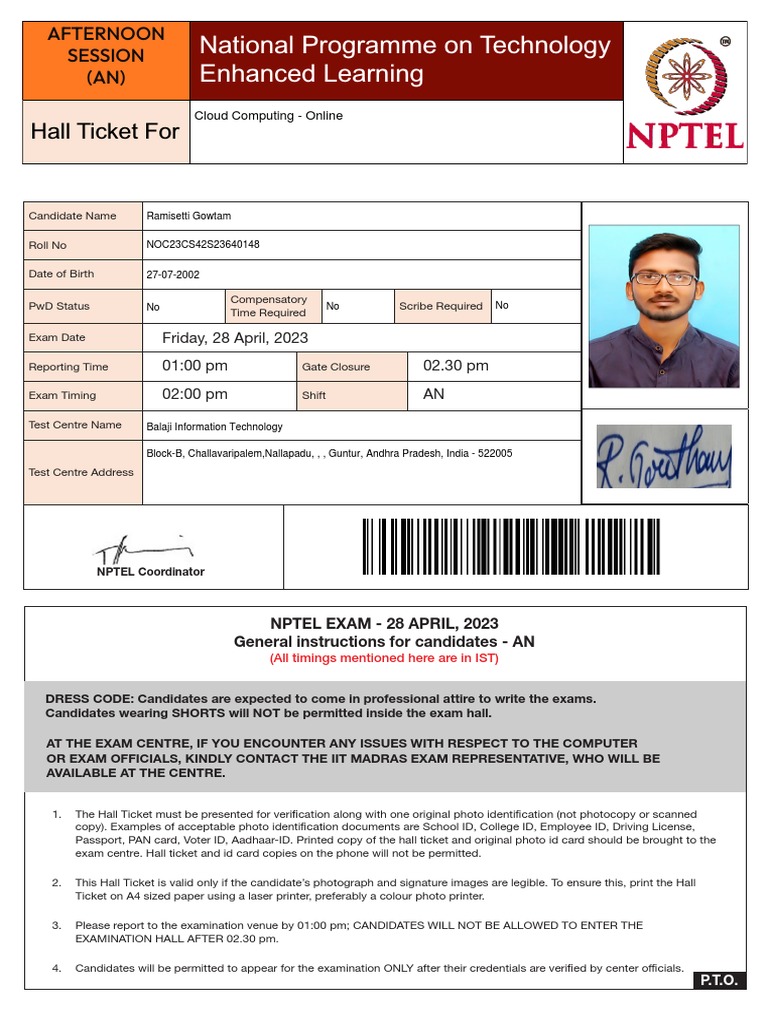 NPTEL Exam Hall Ticket Instructions | PDF | Identity Document | Printer ...