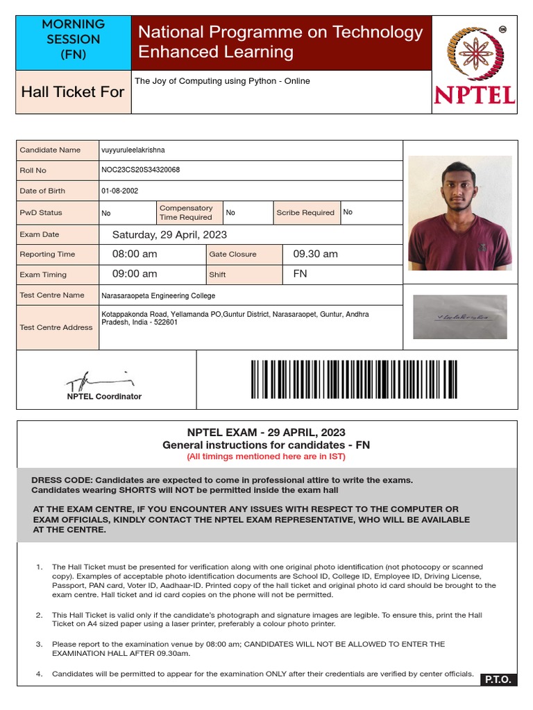 NPTEL Exam Hall Ticket Instructions | PDF | Identity Document