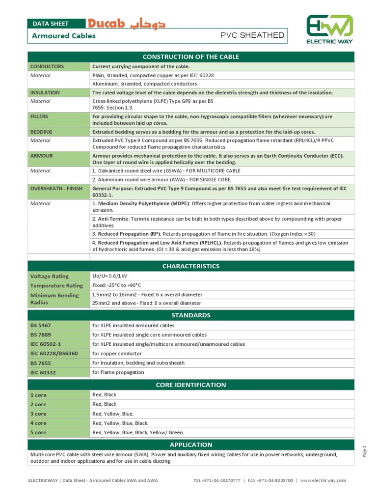 Datasheet Armoured Cable PVC Sheathed | Download Free PDF | Electrical ...