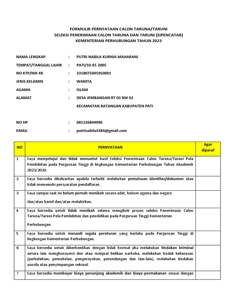 Formulir Pernyataan Calon Taruna/Taruni Seleksi Penerimaan Calon Taruna ...