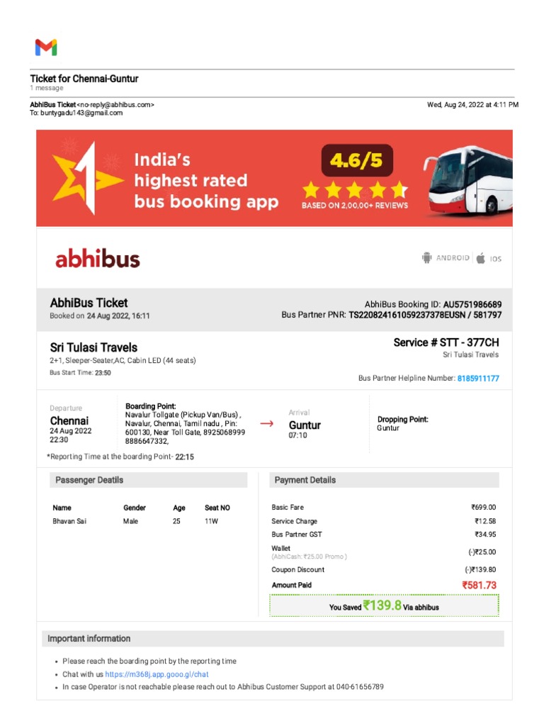 Abhibus Ticket Sri Tulasi Travels: Ticket For Chennai-Guntur | Download Free PDF | Transport ...