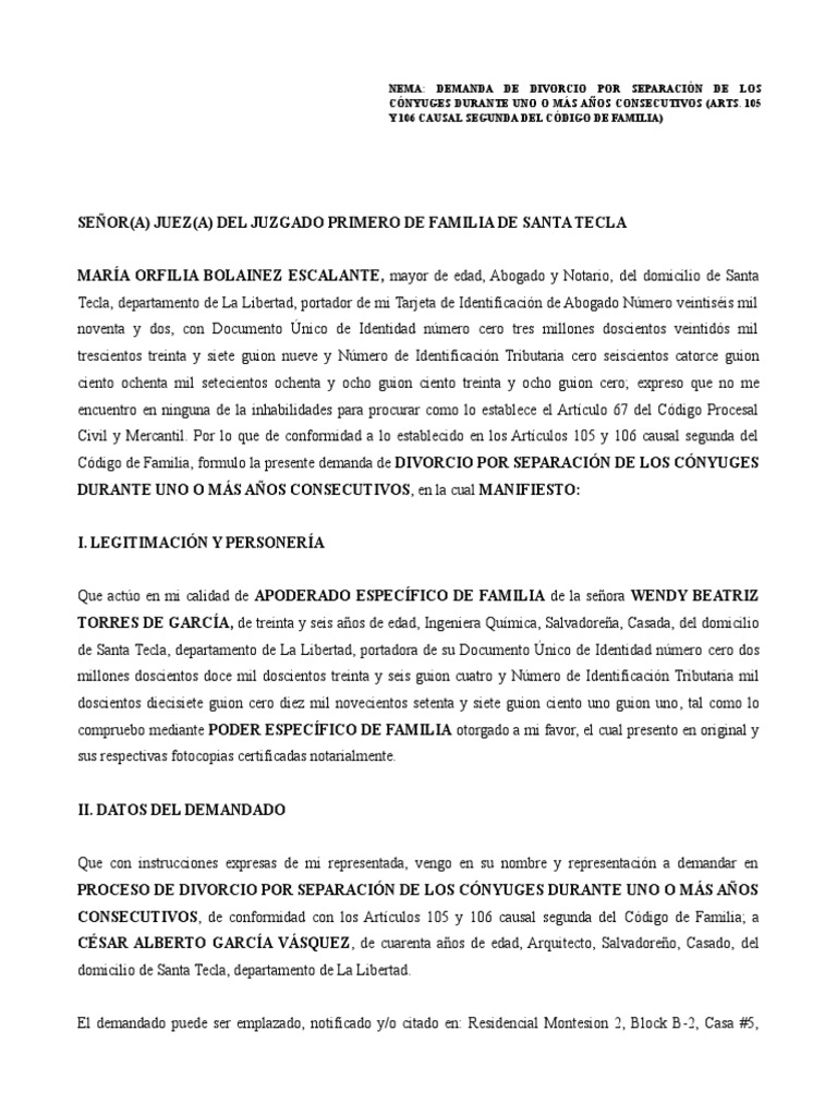 Demanda de Divorcio Por Separación de Los Cónyugues Durante Uno o Más Años Consecutivos | PDF ...