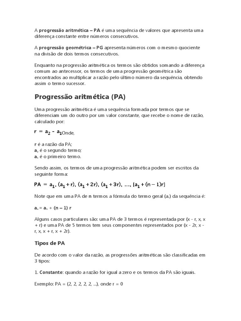 Progressão Aritmética (PA) : R É A Razão Da PA A A | PDF