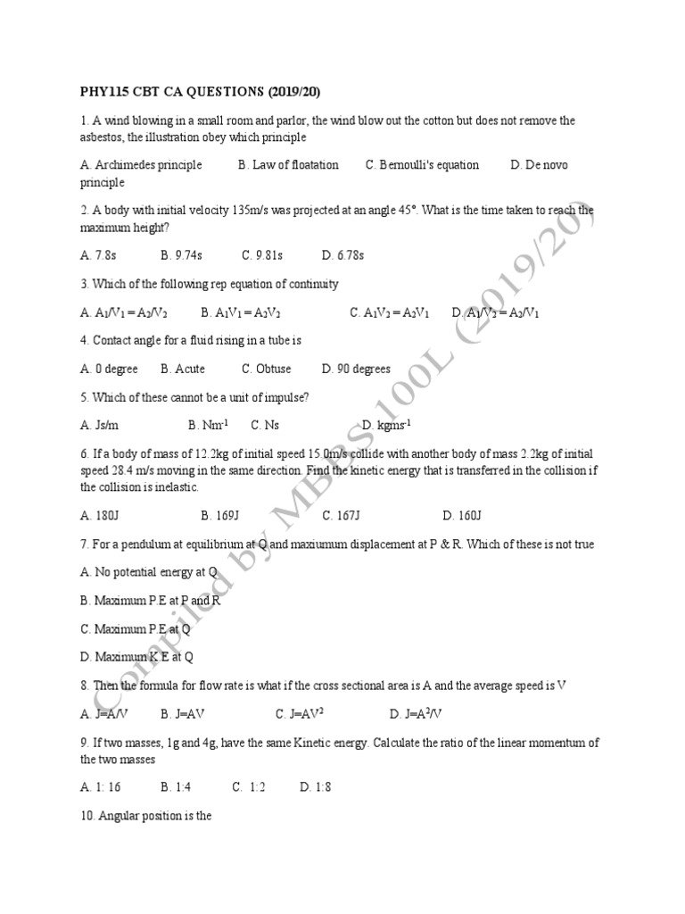 PHY115 CBT CA Questions | PDF | Collision | Force