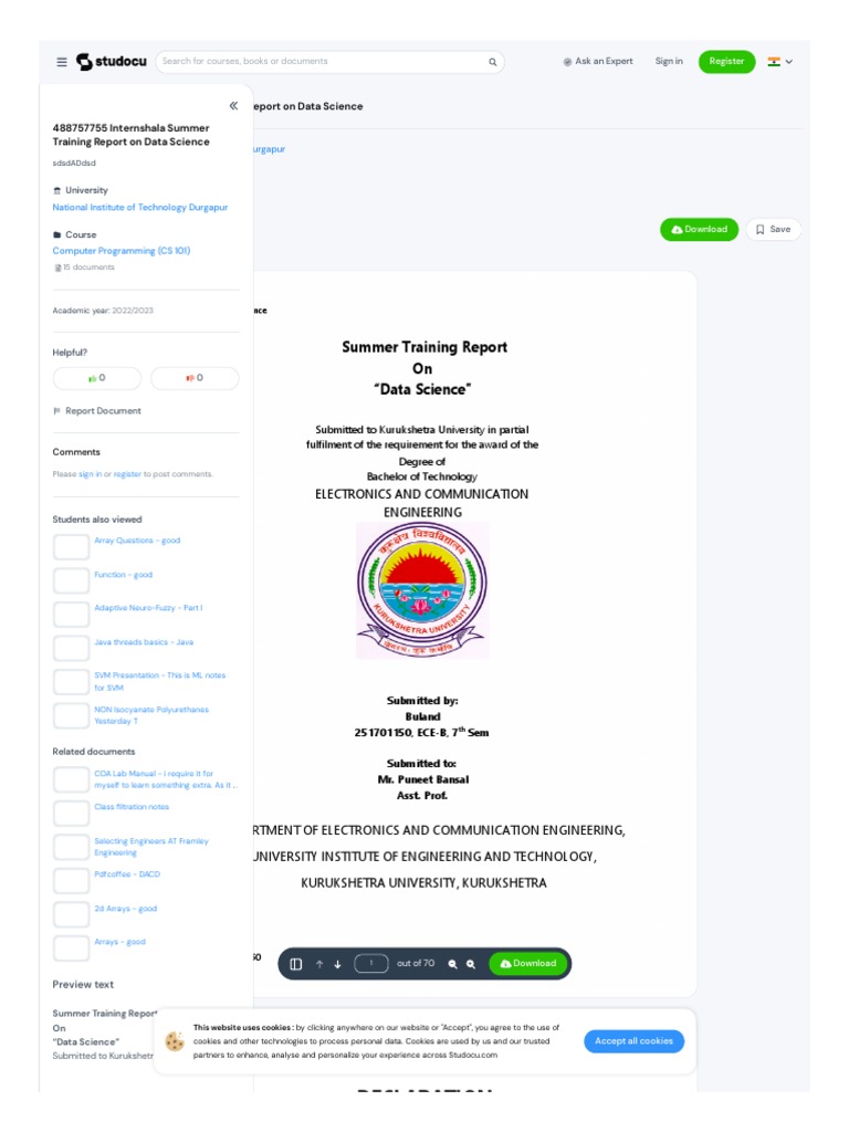 Declaration: Summer Training Report On "Data Science" | PDF | Physical ...