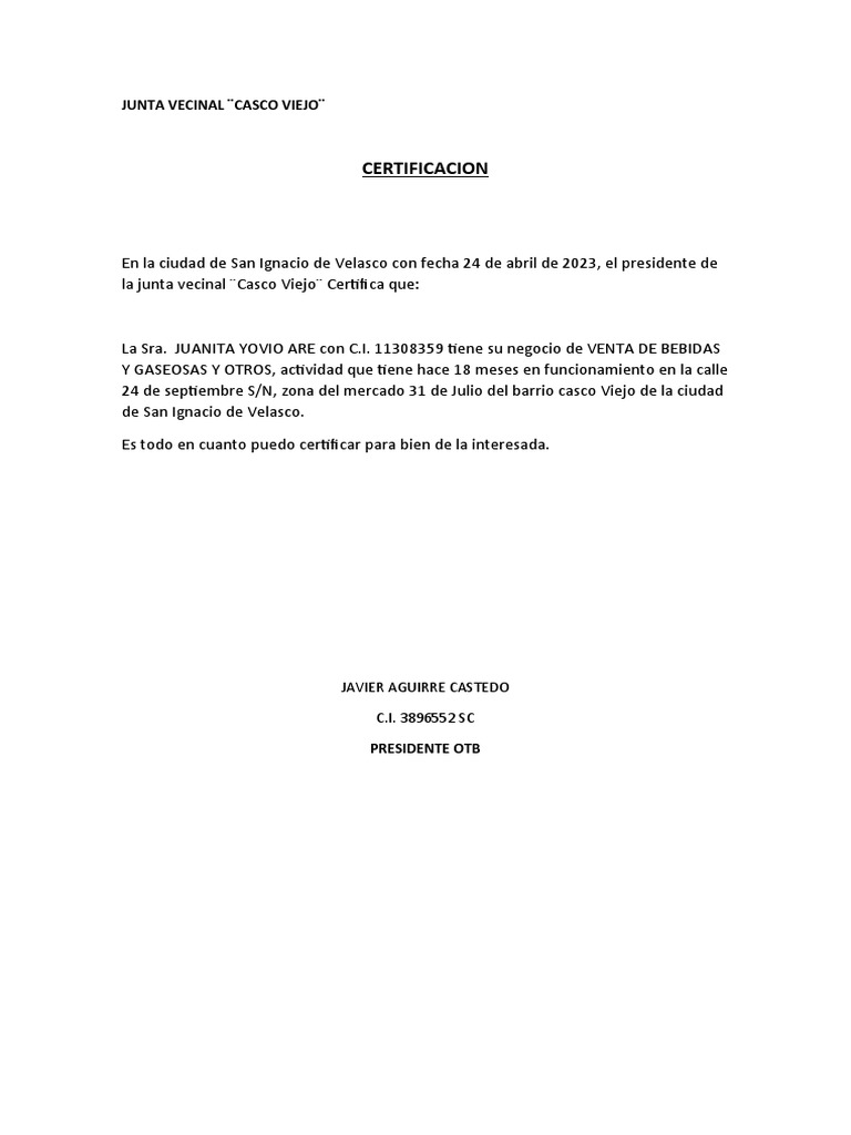 Certificacion: Junta Vecinal Casco Viejo | PDF