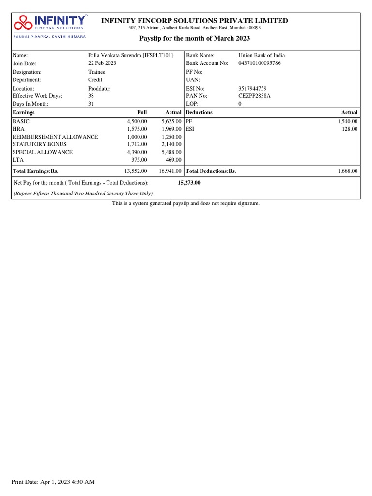 Infinity Fincorp Solutions Private Limited: Payslip For The Month of March 2023 | PDF
