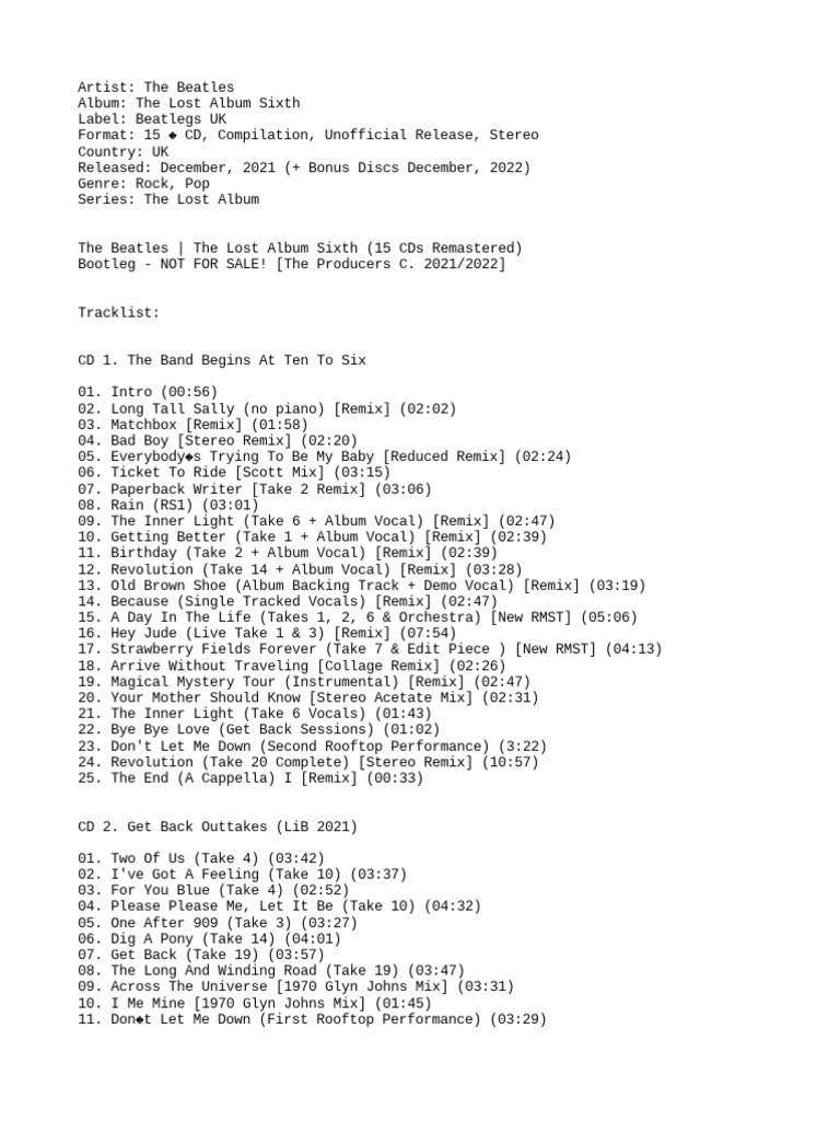 Sleeve Notes - The Beatles - The Lost Album Sixth | PDF | Albums | Paul ...