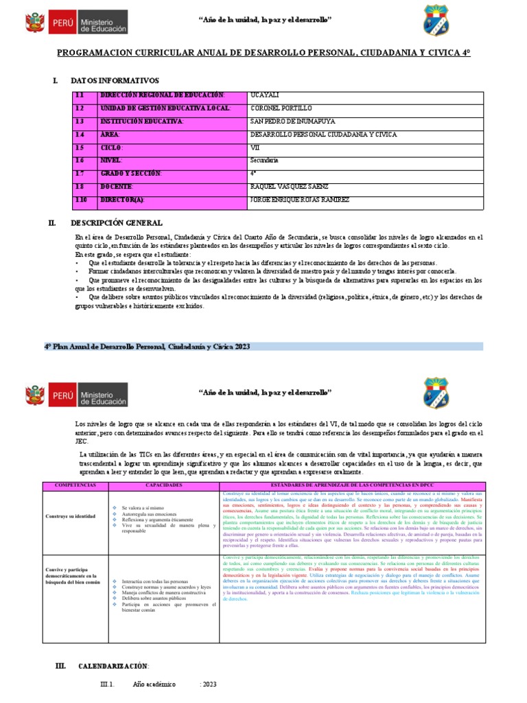 Programacion Anual DPCC 4° Año 2023 | Descargar gratis PDF | Sexualidad | Sociedad