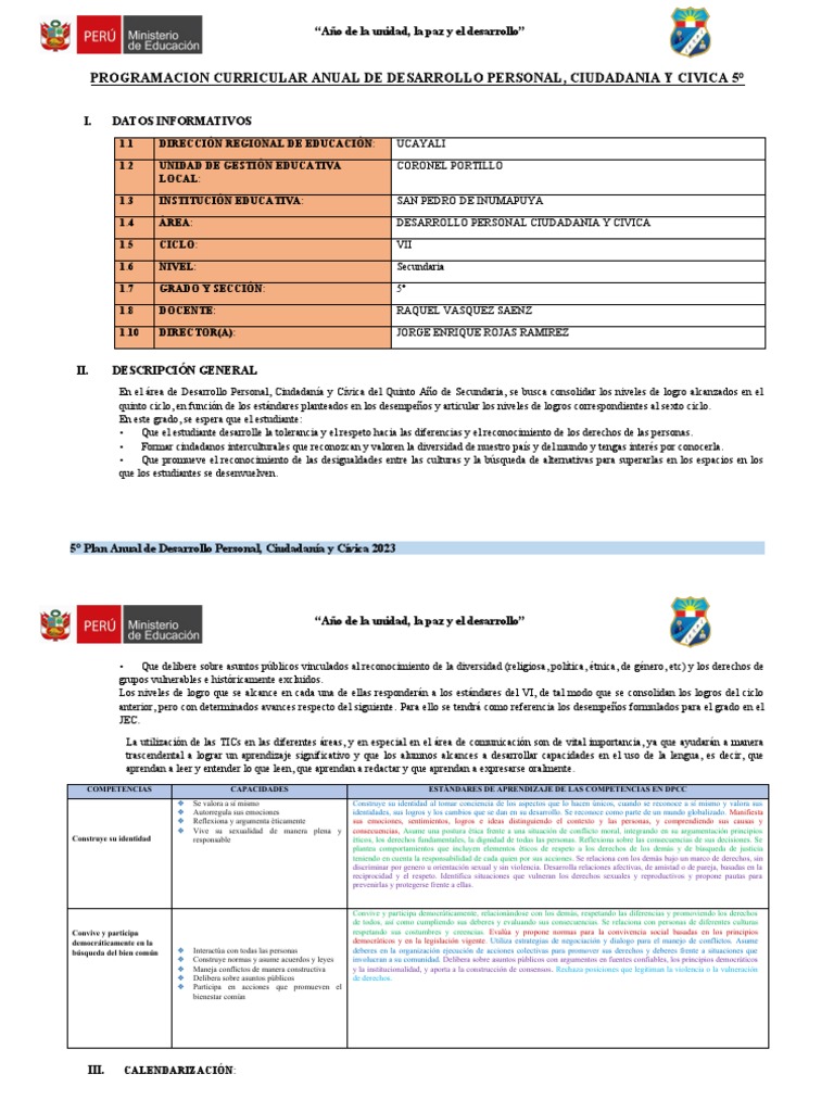 Programacion Anual DPCC 5° Año 2023 | PDF | Sexualidad | Sociedad