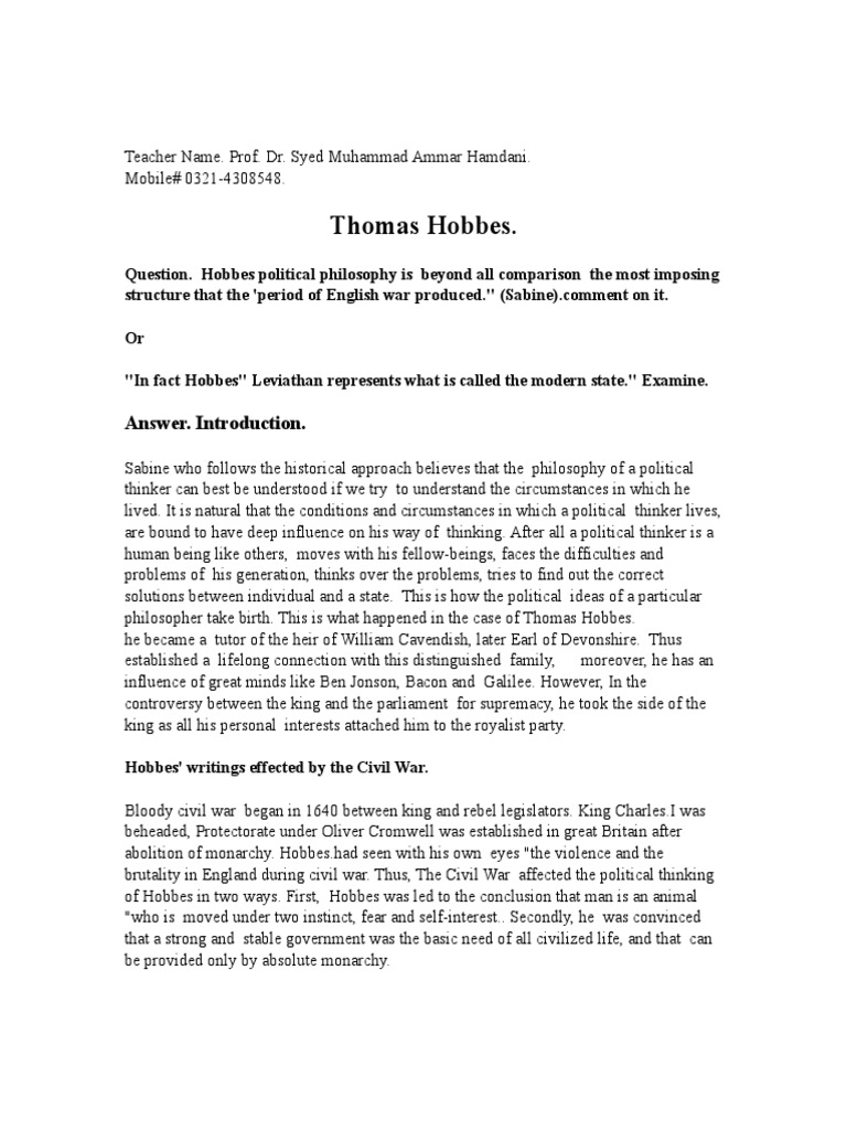 Thomas Hobbes.: Answer. Introduction | PDF | Sovereignty | Civil Society