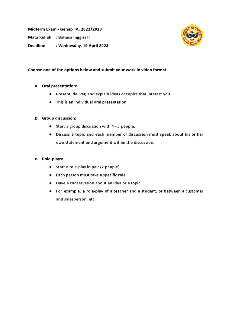 Midterm Exam - Bahasa Inggris II | PDF