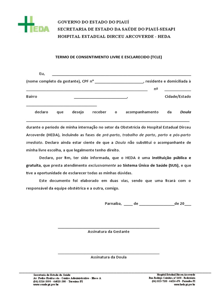 Termo de Consentimento Livre e Esclarecido - Doula | PDF | Hospital | Doula
