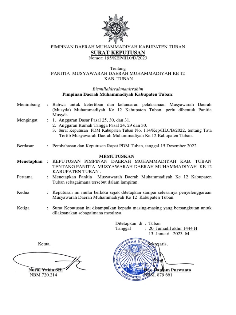 Revisi SK PANITIA MUSYDA PDM KE 12 | PDF