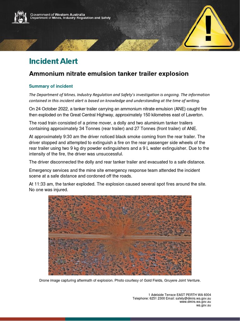 Safety Alert 22-11 Ammonium Nitrate Tanker Explosion | PDF | Emergency ...