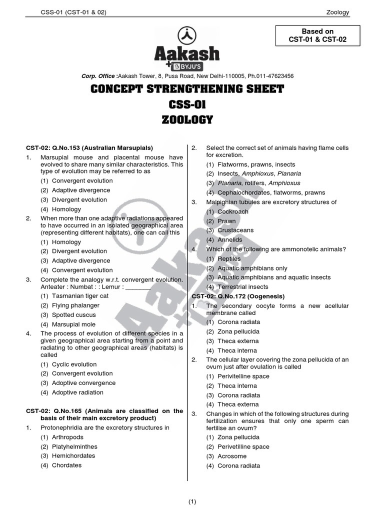 Concept Strengthening Sheet (CSS-01) Based On CST-01 & 02 - Zoology | Download Free PDF | Lipid ...