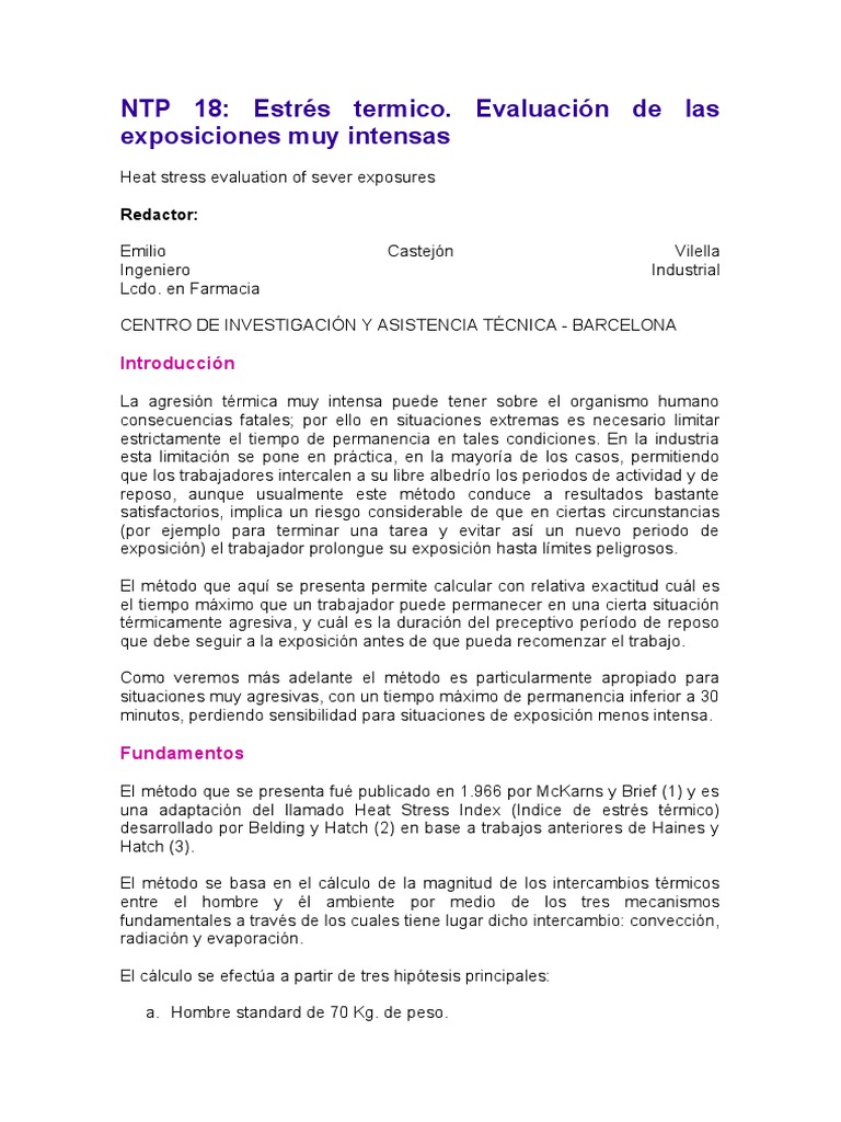 NTP 18 Estrés Termico. Evaluación de Las Exposiciones Muy I | PDF | Temperatura | Evaporación