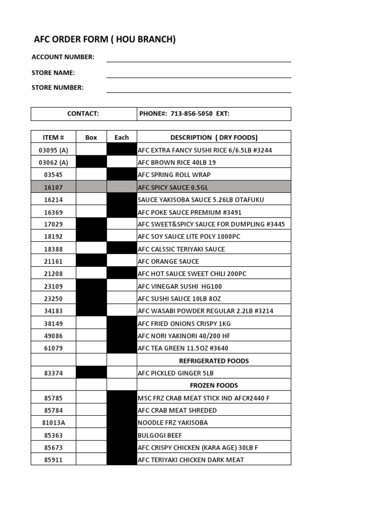 Afc Order Form (Hou Branch) | PDF | Sushi | Sauce