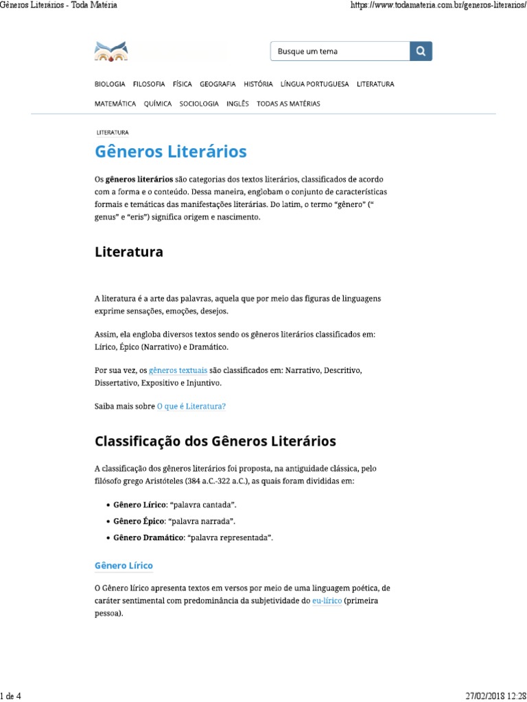 Gêneros Literários - Toda Matéria | PDF