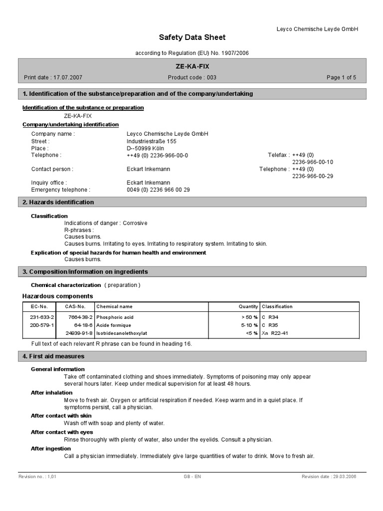 ZE-KA-FIX Safety Data Sheet | PDF | Water | Firefighting