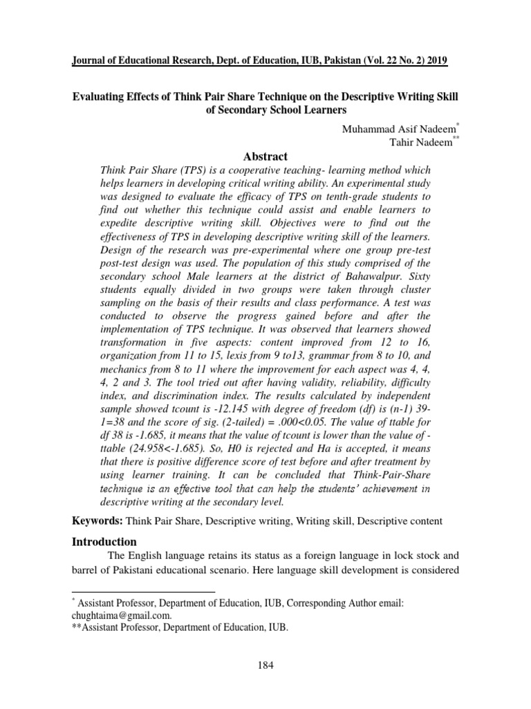 Evaluating Effects of Think Pair Share Technique On The Descriptive Writing Skill of Secondary ...