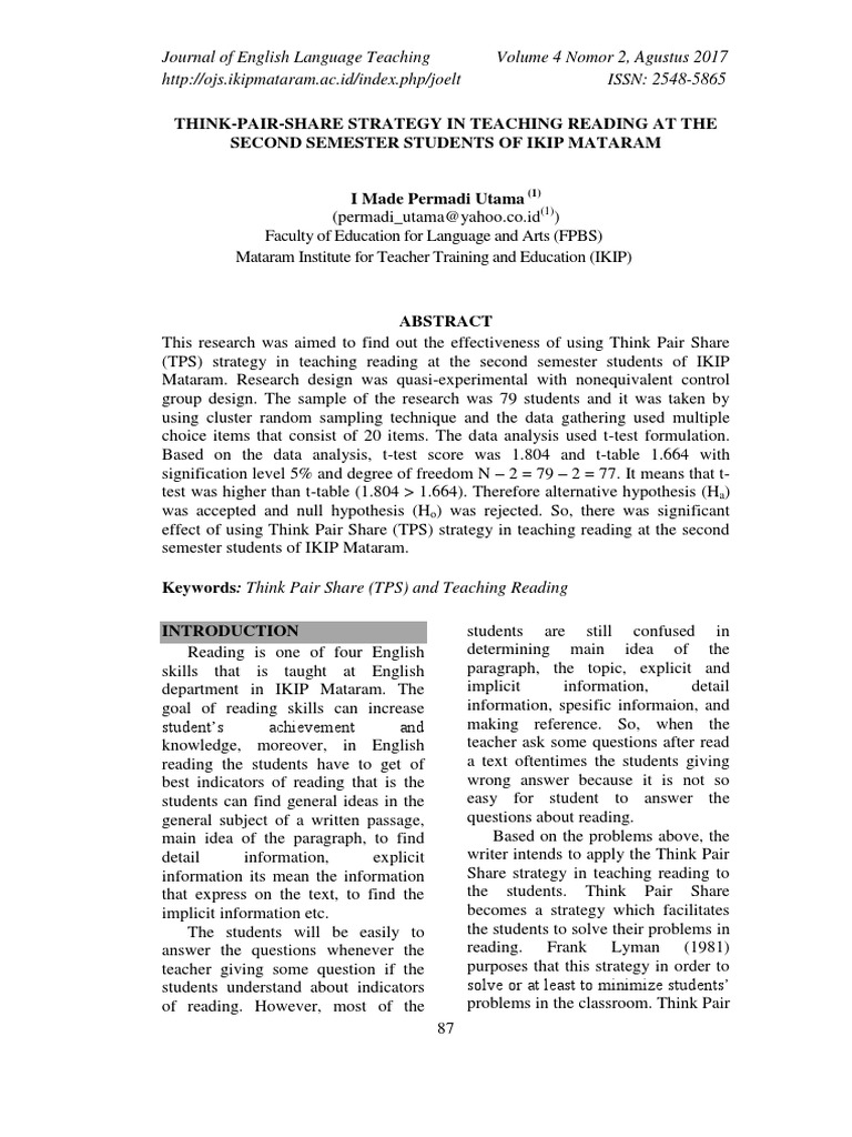Think-Pair-Share Strategy in Teaching Reading at The Second Semester ...