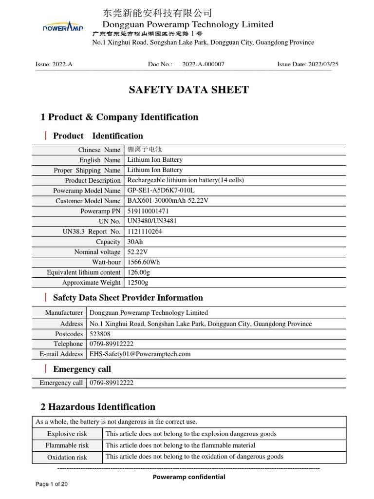 Safety Data Sheet: 1 Product & Company Identification | PDF | Lithium ...