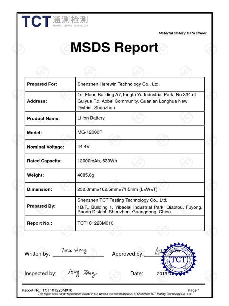 MSDS Report: Prepared For | PDF | Dangerous Goods | Personal Protective ...