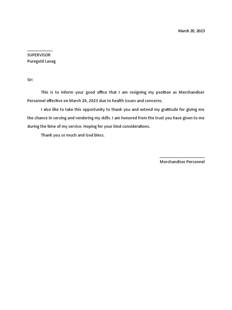 Resignation Letter For Merchandiser | PDF Resignation Letter For Merchandiser | PDF
