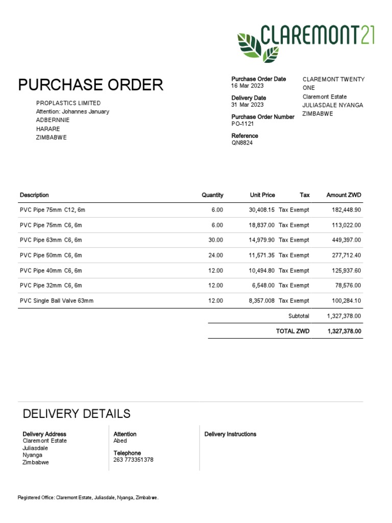 Proplastics Order PO1121 | PDF