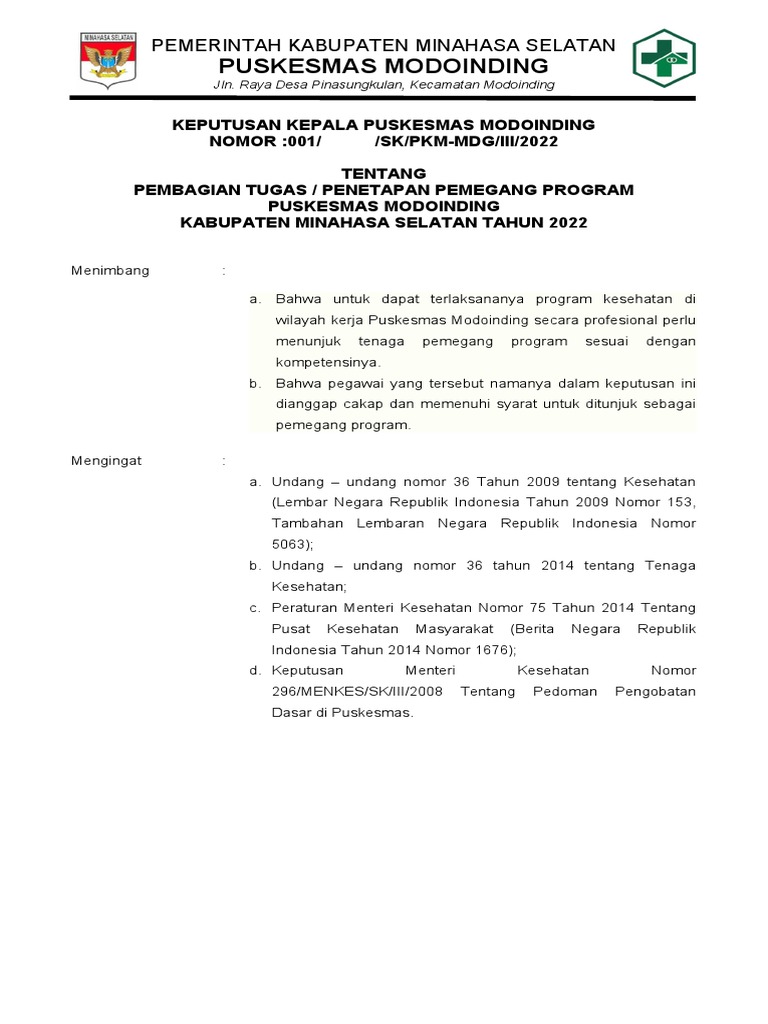 SK Pemegang Program Puskesmas Modoinding Tahun 2022 | PDF