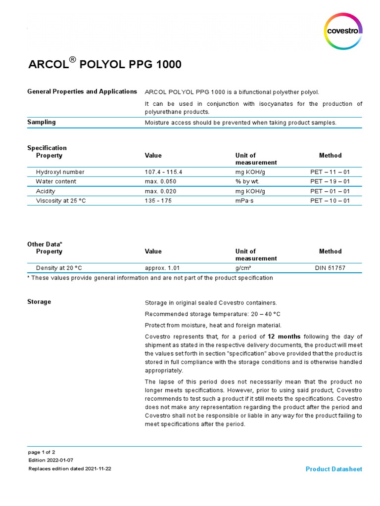 Arcol Polyol PPG 1000: General Properties and Applications ARCOL POLYOL ...