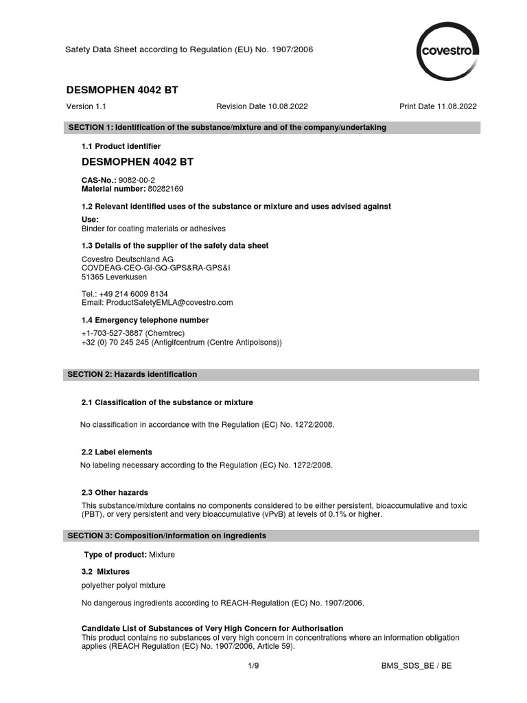 Desmophen 4042 BT | Download Free PDF | Dangerous Goods | Toxicity