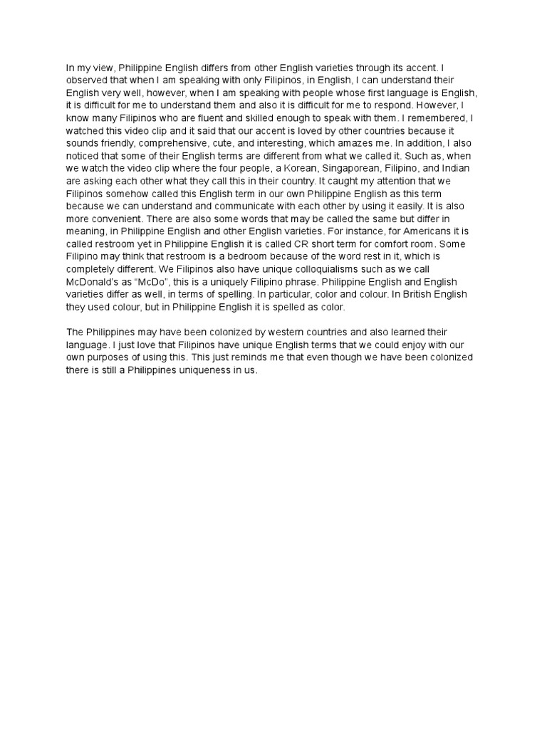 In My View, Philippine English Differs From Other English Varieties ...