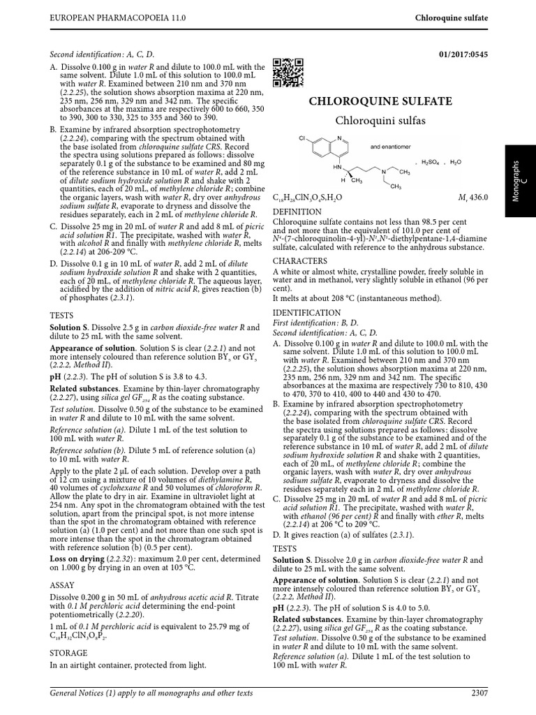 Chloroquine Sulfate: Chloroquini Sulfas | PDF | Solubility | Water