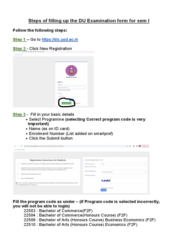 Steps of Filling Up The DU Examination Form For Sem I - 2023 | PDF