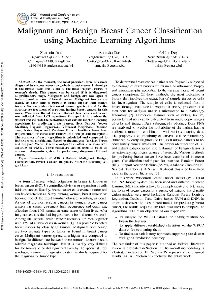Malignant and Benign Breast Cancer Classification Using Machine Learning Algorithms | PDF ...